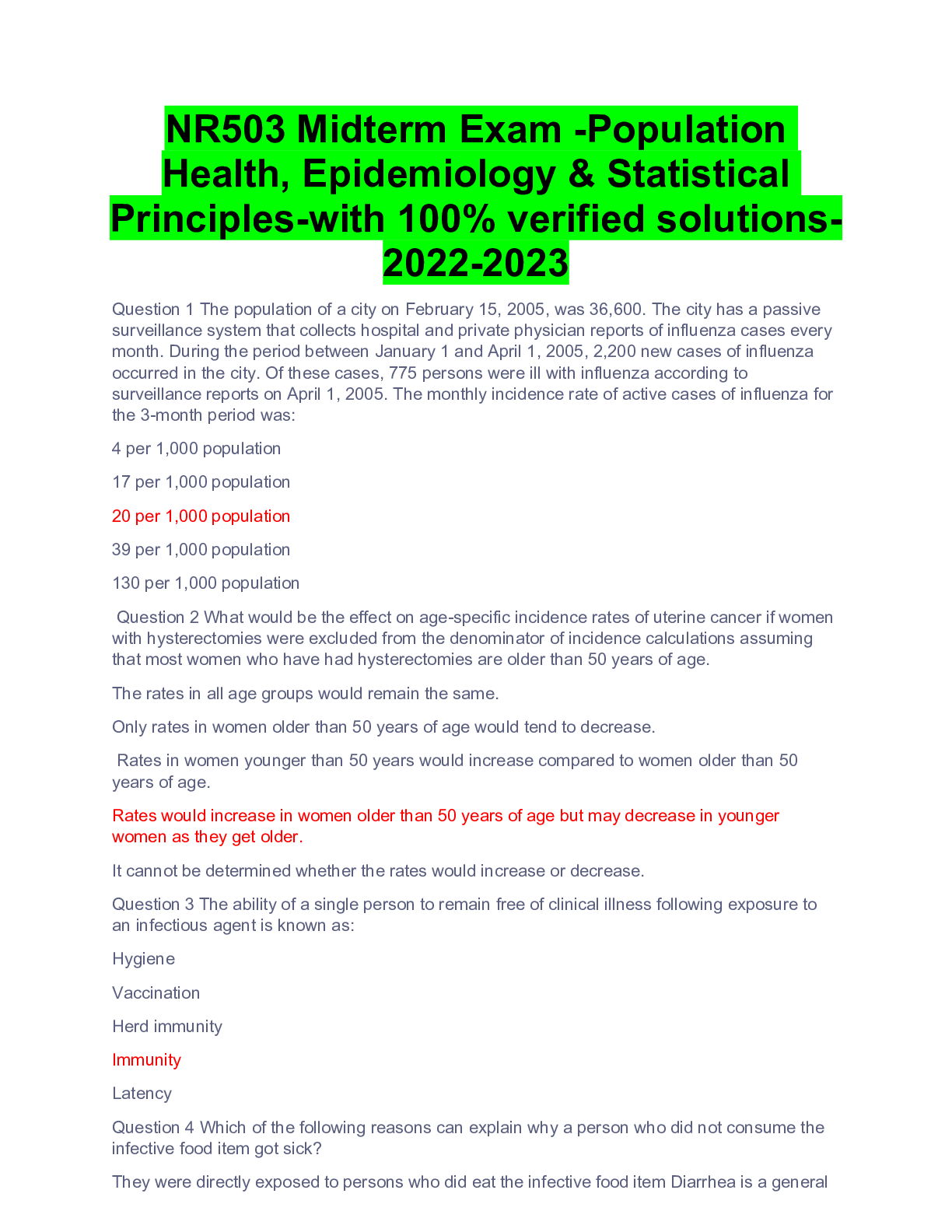 NR503 Midterm Exam -Population Health, Epidemiology & Statistical Principles-with 100% verified ...